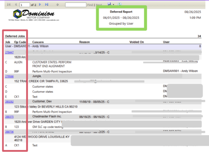 Deferred & Voided Service Report